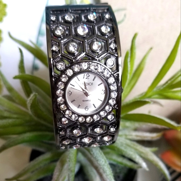Accessories | Studio Cuff Watch Black With Rhinestones | Poshmark